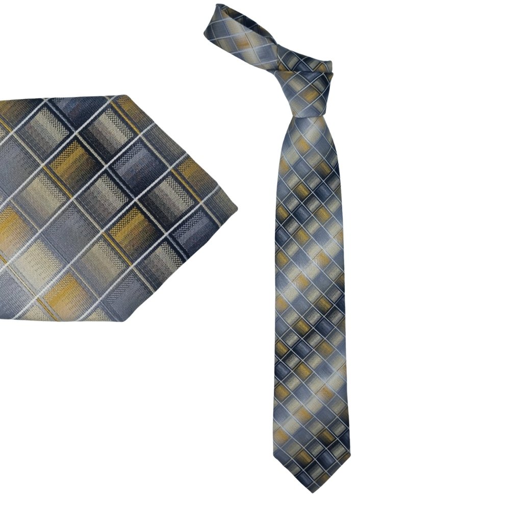 Gravata 100% SEDA- Marca VanHeuseN/ Amarela /cinza 8,5 cm x 1,48 Cm ...